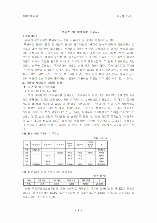 (사회복지) 도시빈민층사람들의 실태와 복지대책(쪽방촌 )