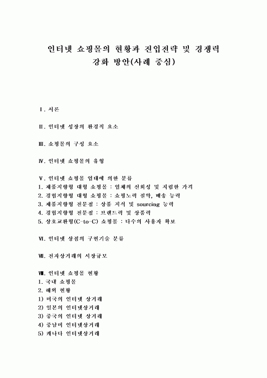 [인터넷쇼핑몰]인터넷쇼핑몰의 현황과 진입전략 및 경쟁력 강화 방안(사례 중심)(인터넷쇼핑몰의 유형, 인터넷쇼핑몰 업태에 의한 분류, 인터넷쇼핑몰 진입전략, 인터넷쇼핑몰업계 경쟁력 강화 방안)