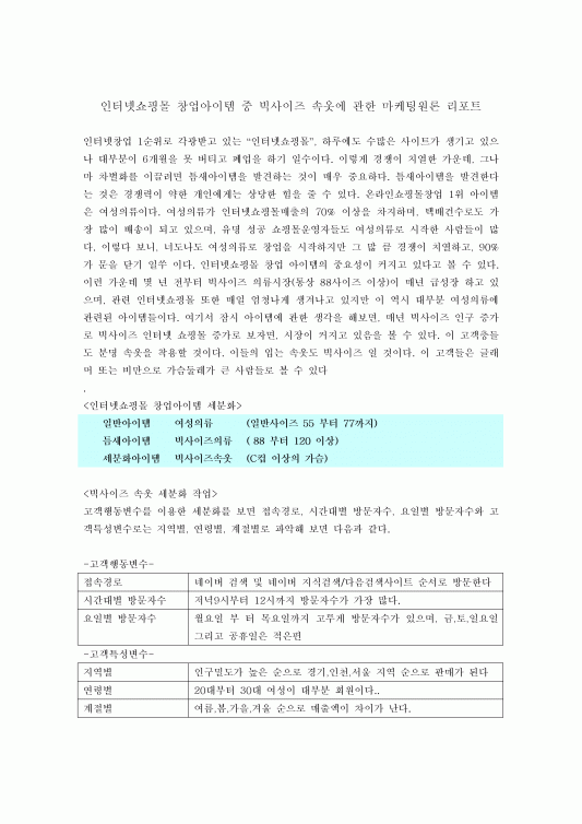 인터넷쇼핑몰 창업아이템 중 빅사이즈 속옷에 관한 마케팅원론