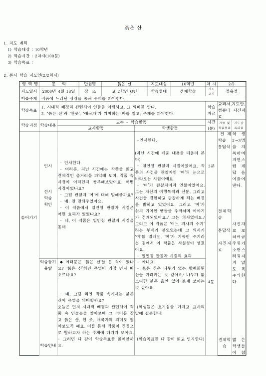 김동인 붉은 산 학습지도안