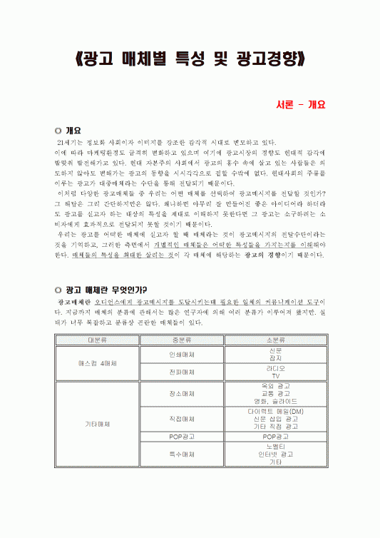 광고 매체별 특성 및 광고경향