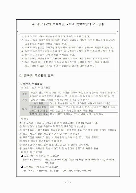 외국의 특별활동 교육과 특별활동의 연구동향