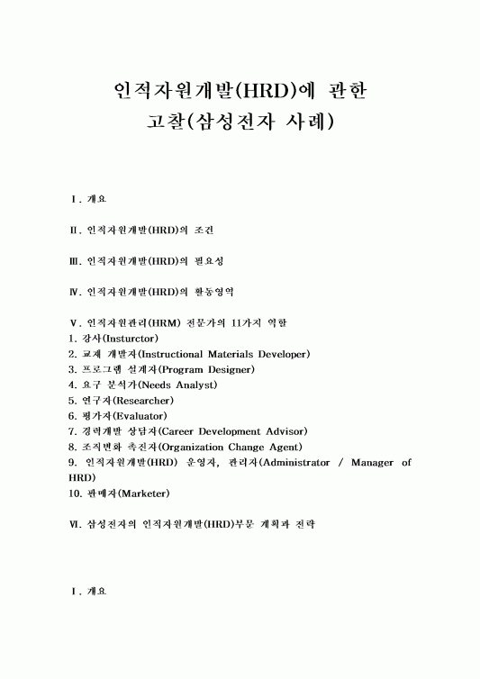 [인적자원개발][HRD]인적자원개발(HRD) 조건, 인적자원개발(HRD) 필요성, 인적자원개발(HRD) 활동영역, 인적자원관리(HRM) 전문가의 11가지 역할, 삼성전자 인적자원개발(HRD)부문 계획과 전략 분석