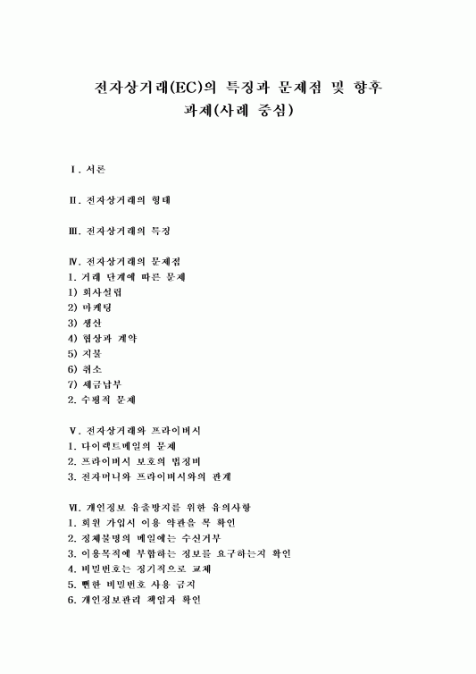 전자상거래(EC)의 형태, 전자상거래(EC)의 특징, 전자상거래(EC)의 문제점, 전자상거래(EC)와 프라이버시, 개인정보 유출방지를 위한 유의사항, 전자상거래(EC) 소비자 피해 사례, 향후 전자상거래(EC)의 과제