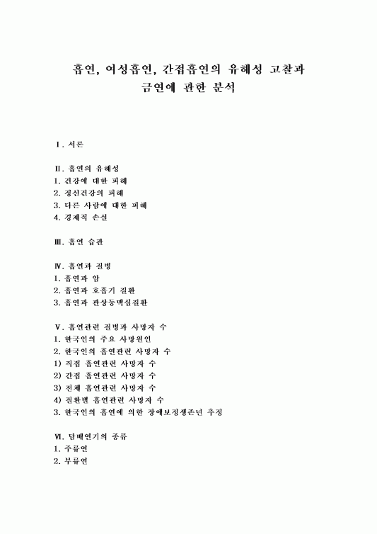 흡연의 유해성, 흡연 습관, 흡연과 질병, 흡연관련 질병과 사망자 수, 담배연기의 종류, 간접흡연의 영향, 간접흡연에 대한 인식 및 태도, 여성의 흡연, 금연 관련 법령(국민건강증진법 시행규칙), 금연시 신체 변화