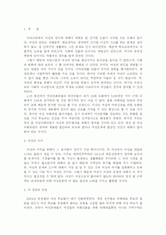 여성문제와 권익, 여성국회의원의 공약