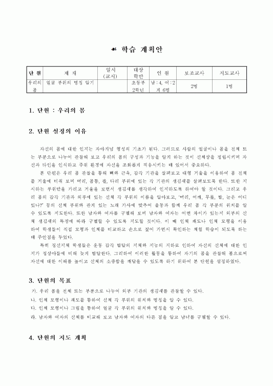 정신지체 학습 계획안 - 우리의 몸