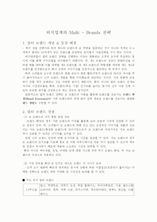 외식업계의 Multi - Brands 전략(CJ푸드빌, 제너시스, 해리코리아, 큰들F&B, 놀부)