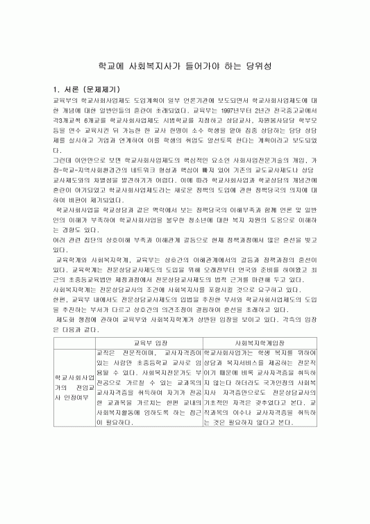 학교에 사회복지사가 들어가야 하는 당위성