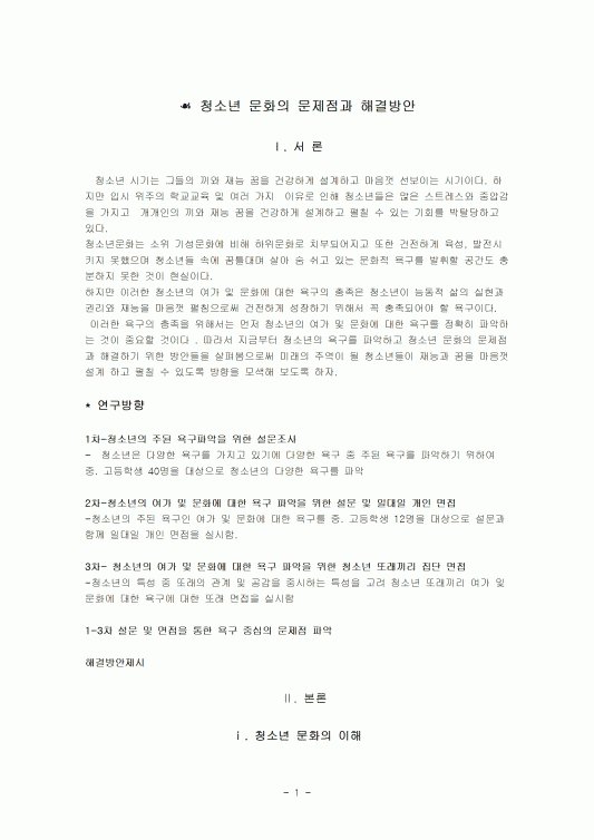 청소년 문화의 문제점과 해결방안