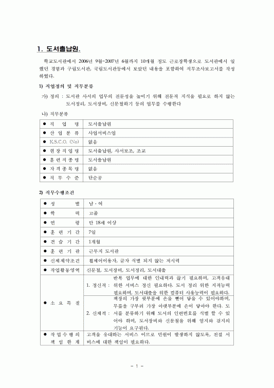 (장애인이 업무 가능한 직업 3가지) 직무분석 보고서