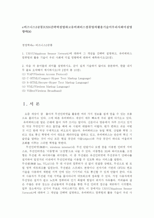 e비즈니스3공통)USN간략히설명하고유비쿼터스컴퓨팅의활용기술이우리사회미칠영향력00