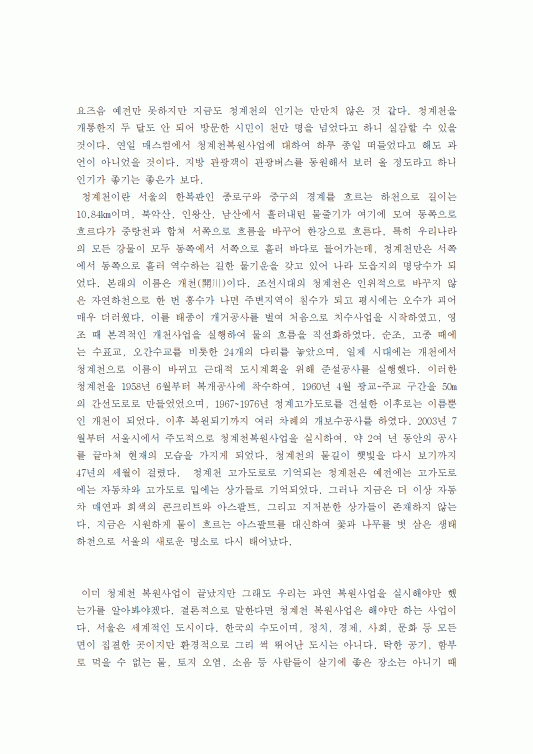 청계천 복원공사 조사와 복원효과 및 문제점