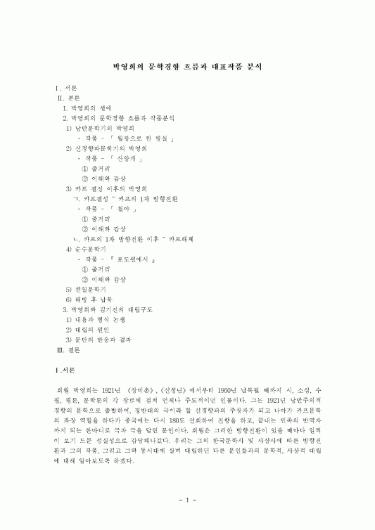 박영희의 문학경향 흐름과 대표작품 분석
