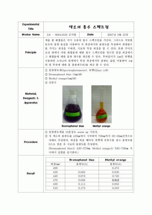 색소의 흡수 스펙트럼