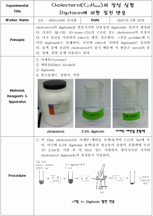 Cholesterol(C27H460)의 정성 실험 - Digitonin에 의한 침전 반응