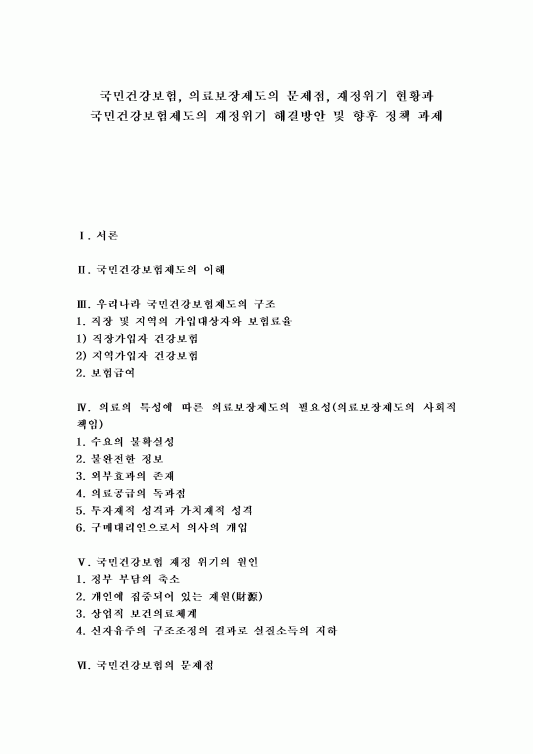 국민건강보험제도의 이해, 국민건강보험제도의 구조, 의료의 특성에 따른 의료보장제도의 필요성, 국민건강보험재정위기의 원인, 국민건강보험의 문제점, 건강보험재정위기 해결방안, 평가와 주요 현안과제 분석