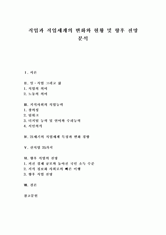 [직종][일][직업][직업능력][직종][21세기 직업세계][신직업][직업 전망][유망직업][유망직종]일과 직업 그리고 삶, 지식사회의 직업능력, 21세기의 직업세계 특징과 변화 경향, 신직업 25가지, 향후 직업의 전망