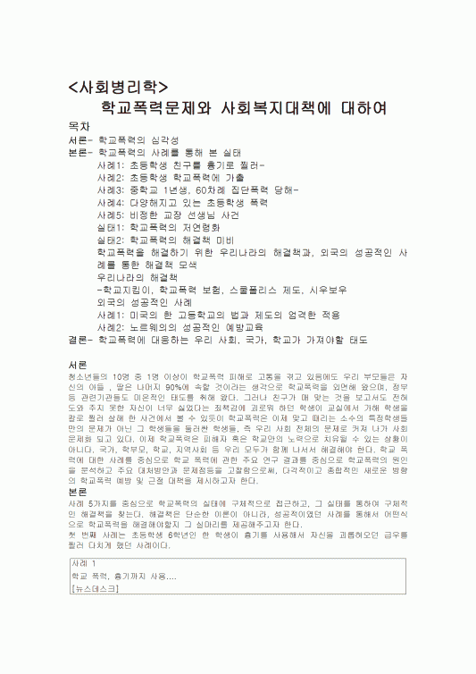 학교폭력문제와 사회복지대책에 대하여