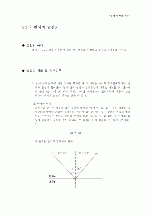 빛의 반사와 굴절(예비, 결과)
