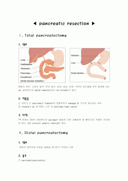 췌장질환별 수술방법및 적응증, 장, 단점