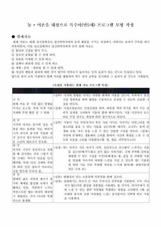농 . 어촌을 대상으로 특수아(만5세) 프로그램 모형 작성  (원예치료)