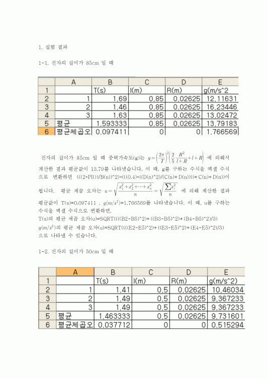 Borda 진자 중력가속도 결과