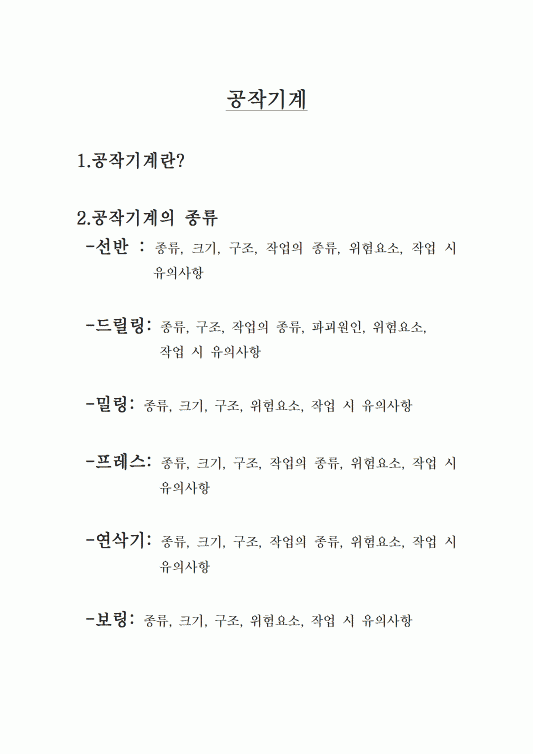 공작기계의 종류와 분석(안전수칙)