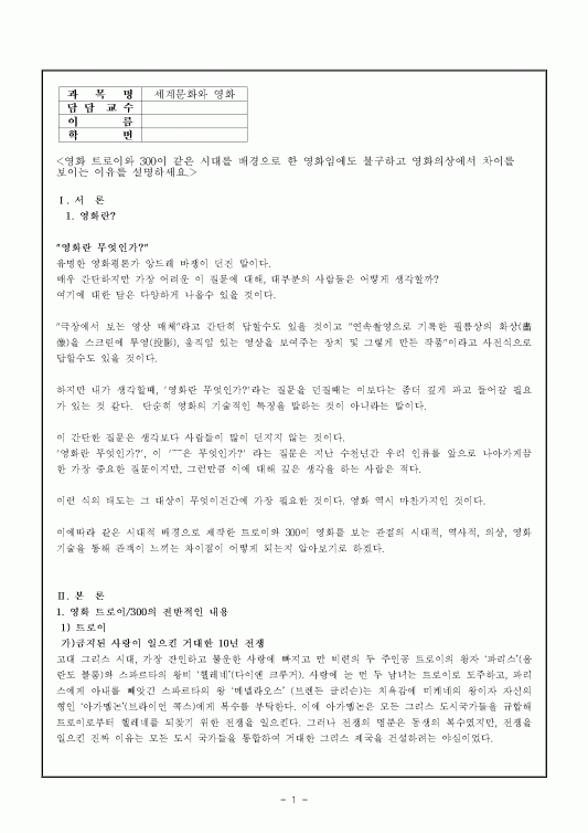 세계문화와 명화 (영화300과 트로이의 차이점)