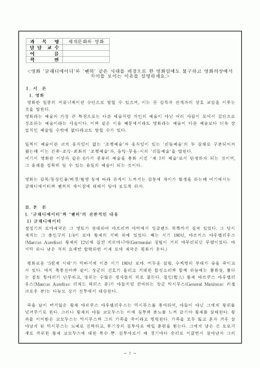 세계문화와 명화(글레디에이터와 벤허의 차이점)
