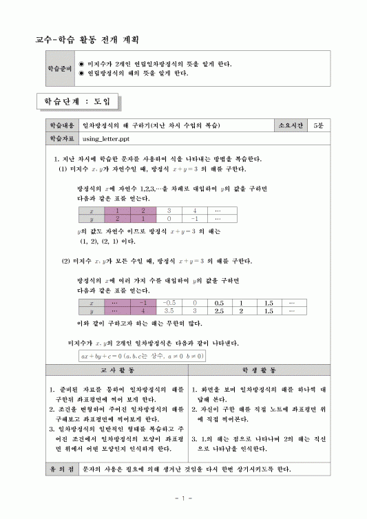 수학학습지도안(연립방정식의 해)