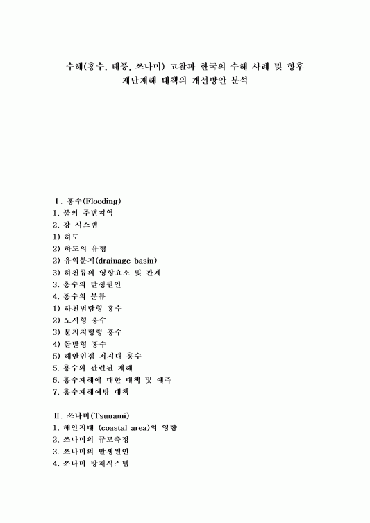[수해][홍수][태풍][쓰나미][수해 사례][재난재해][자연재해]수해(홍수, 태풍, 쓰나미) 고찰과 한국의 수해 사례 및 향후 재난재해 대책의 개선방안 분석(홍수, 쓰나미, 수해, 재난재해 대책 개선방안, 자연재해)