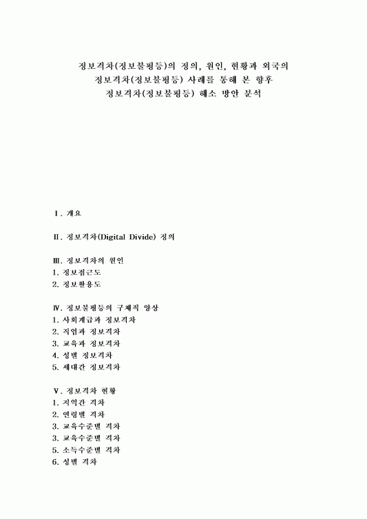 [정보격차][정보불평등][정보화사회][정보사회]정보격차(정보불평등)의 정의, 정보격차(정보불평등)의 원인, 현황과 외국의 정보격차(정보불평등) 사례를 통해 본 향후 정보격차(정보불평등) 해소 방안 분석