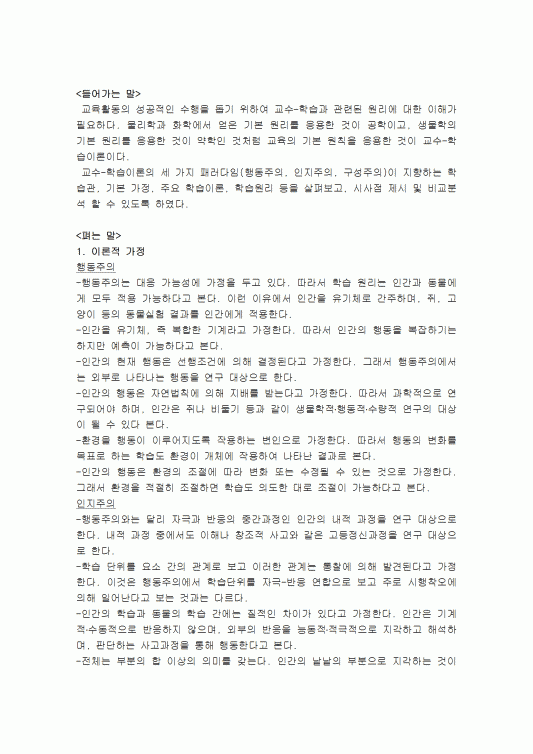 인지주의 행동주의 구성주의 비교