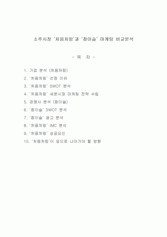 [마케팅관리]소주시장 처음처럼과 참이슬 마케팅 비교분석(리포트)