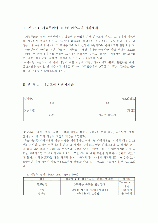 기능주의에 입각한 파슨즈의 사회체계(관) 이론에 따른 사회현상 분석