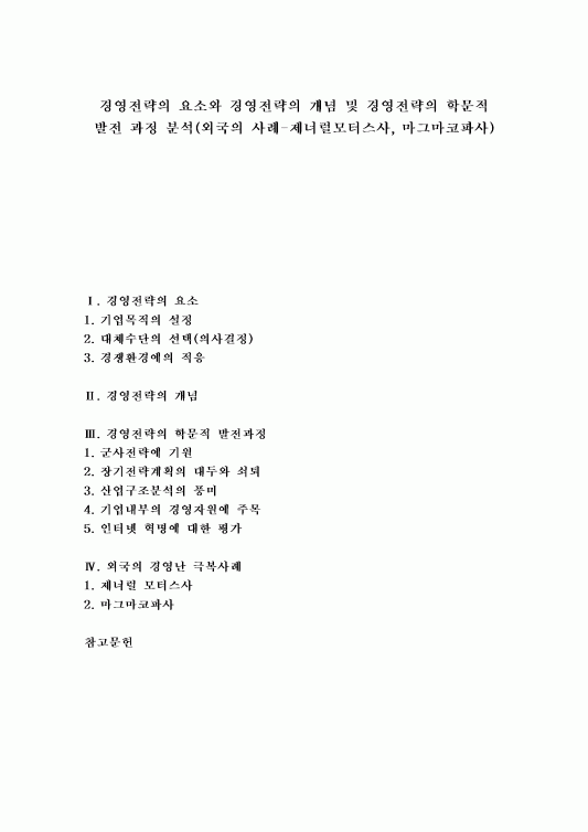 [경영전략][전략경영][경영난 극복사례][제너럴 모터스사][마그마코파사]경영전략의 요소, 경영전략의 개념, 경영전략의 학문적 발전과정, 외국의 경영난 극복사례(제너럴 모터스사, 마그마코파사)