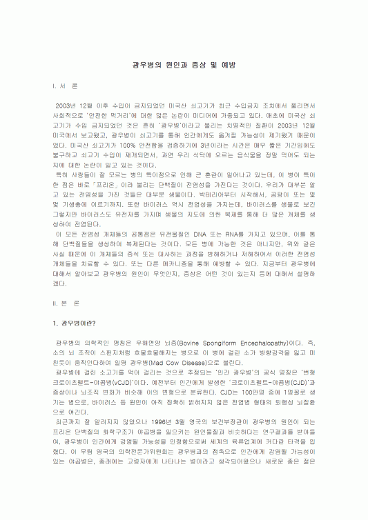 [보건학]광우병의 원인과 증상 및 예방(리포트)