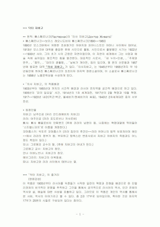 닥터지바고 작품 배경 및 줄거리