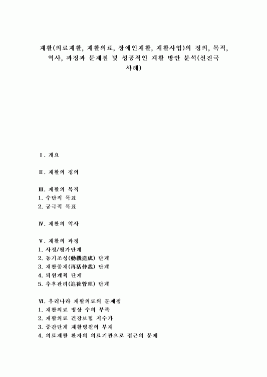 재활(의료재활, 재활의료, 장애인재활, 재활사업) 정의,목적,역사,과정, 재활(의료재활, 재활의료, 장애인재활, 재활사업) 문제점, 성공적인 재활(의료재활, 재활의료, 장애인재활, 재활사업) 방안(선진국 사례)