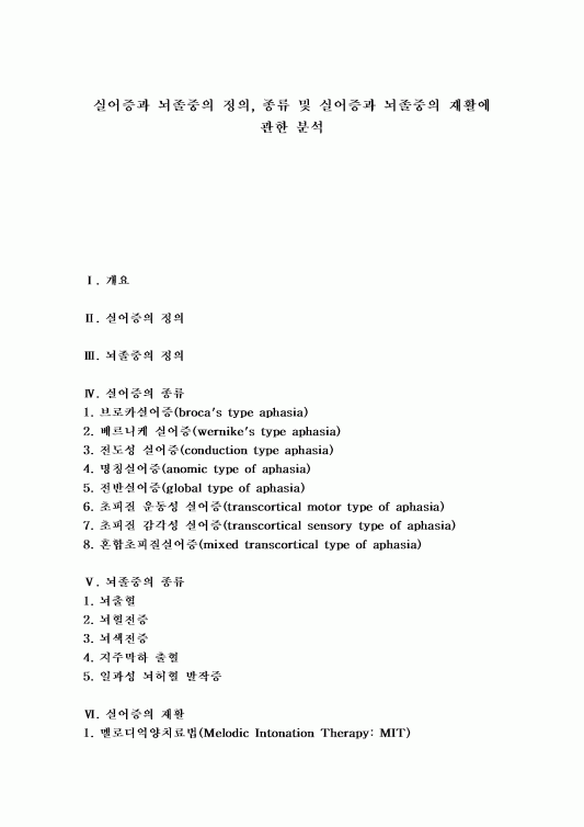 [실어증][뇌졸중][중풍][실어증과 뇌졸중(중풍) 정의][실어증과 뇌졸중(중풍) 종류][실어증과 뇌졸중(중풍) 재활]실어증과 뇌졸중(중풍)의 정의, 실어증과 뇌졸중(중풍)의 종류, 재활 분석(실어증, 뇌졸중, 중풍)