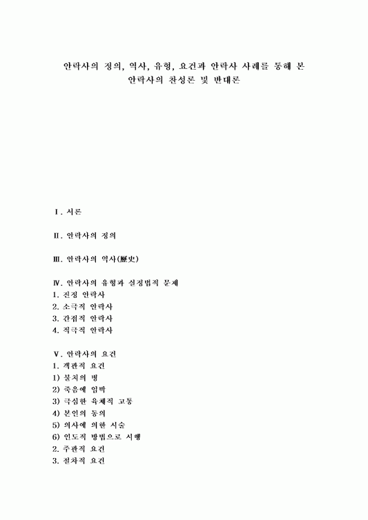[안락사][안락사 요건][안락사 사례][안락사 찬성론][안락사 반대론][생명윤리][생명][죽음][존엄사]안락사의 정의, 안락사의 역사, 안락사의 유형, 안락사의 요건, 안락사 사례, 안락사의 찬성론, 안락사의 반대론