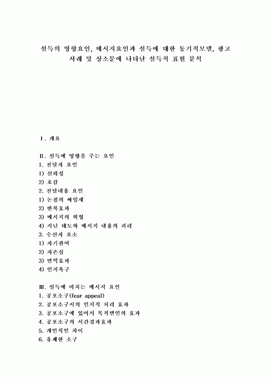 [설득][설득력][메시지][메세지][광고][상소문][대화]설득에 영향을 주는 요인, 설득에 미치는 메시지 요인, 설득에 대한 동기적 접근과 광고의 실례, 상소문에 나타난 설득적 표현의 특징 분석(설득, 광고, 상소문)