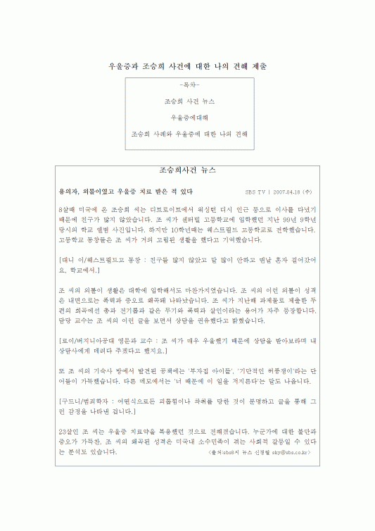 우울증과 조승희 사건에 대한 나의 견해제출
