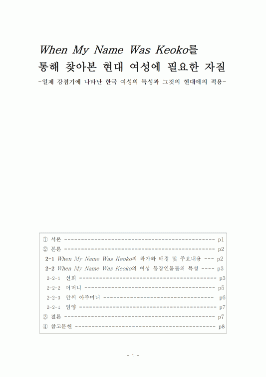 When My Name Was Keoko를 통해 찾아본 현대 여성에 필요한 자질