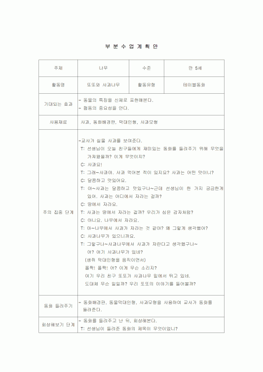 동화수업계획안(또또와사과나무)