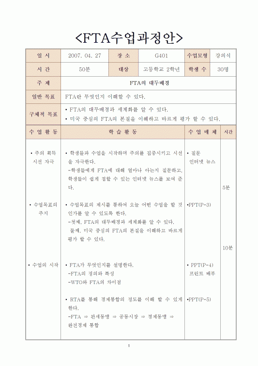 FTA수업강의안, 계획서