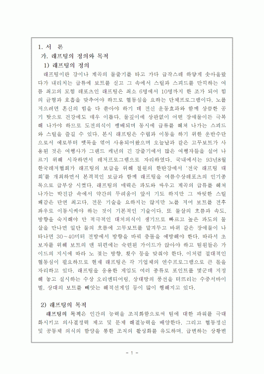 (레저스포츠)래프팅의 이해(장비, 기술, 유래 및 역사적 배경 등)