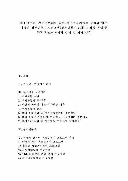 [청소년복지][청소년문제][청소년문화]청소년문화, 청소년문제에 따른 청소년복지정책 고찰과 일본, 미국의 청소년복지프로그램(청소년복지정책) 사례를 통해 본 한국 청소년복지의 실태 및 과제 분석