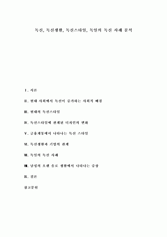 [독신][독신주의]독신 증가의 사회적 배경, 현대 독신스타일, 독신스타일에 관계된 디자인변화, 금융계통 독신스타일, 독신생활과 기업 관계, 독일 독신 사례, 남성의 오랜 솔로 생활에서 나타나는 증상 분석
